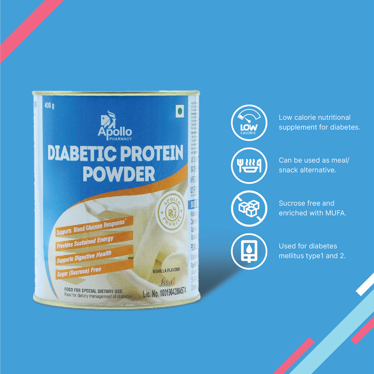 Apollo Pharmacy Diabetic Vanilla Flavour Protein Powder, 400 gm Price ...
