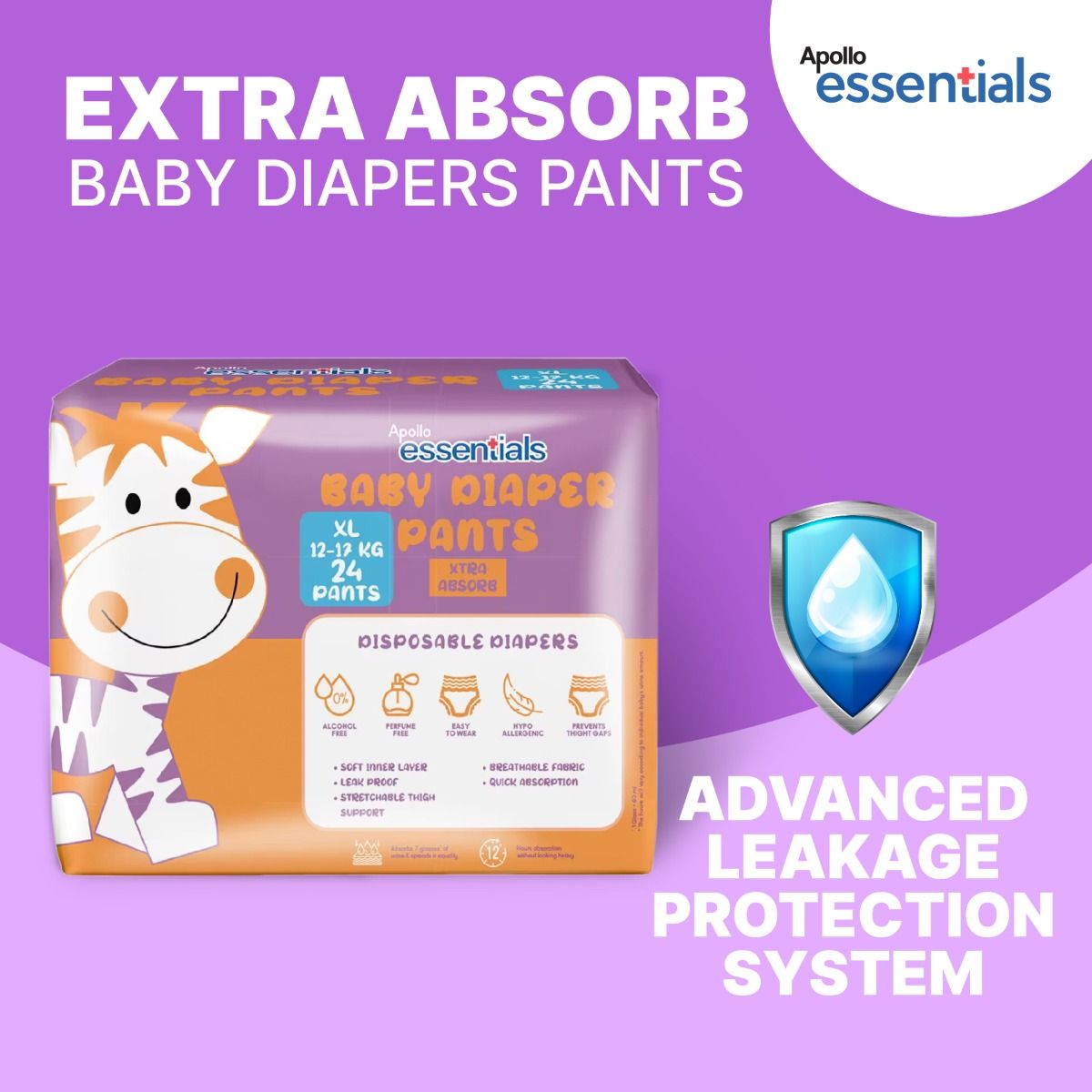 Apollo Essentials Extra Absorb Baby Diaper Pants XL, 24 Count Price ...