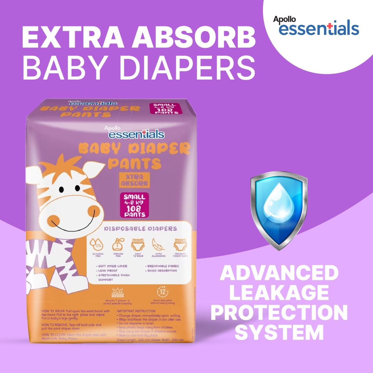 Apollo Essentials Extra Absorb Baby Diaper Pants Small, 108 Count Price ...