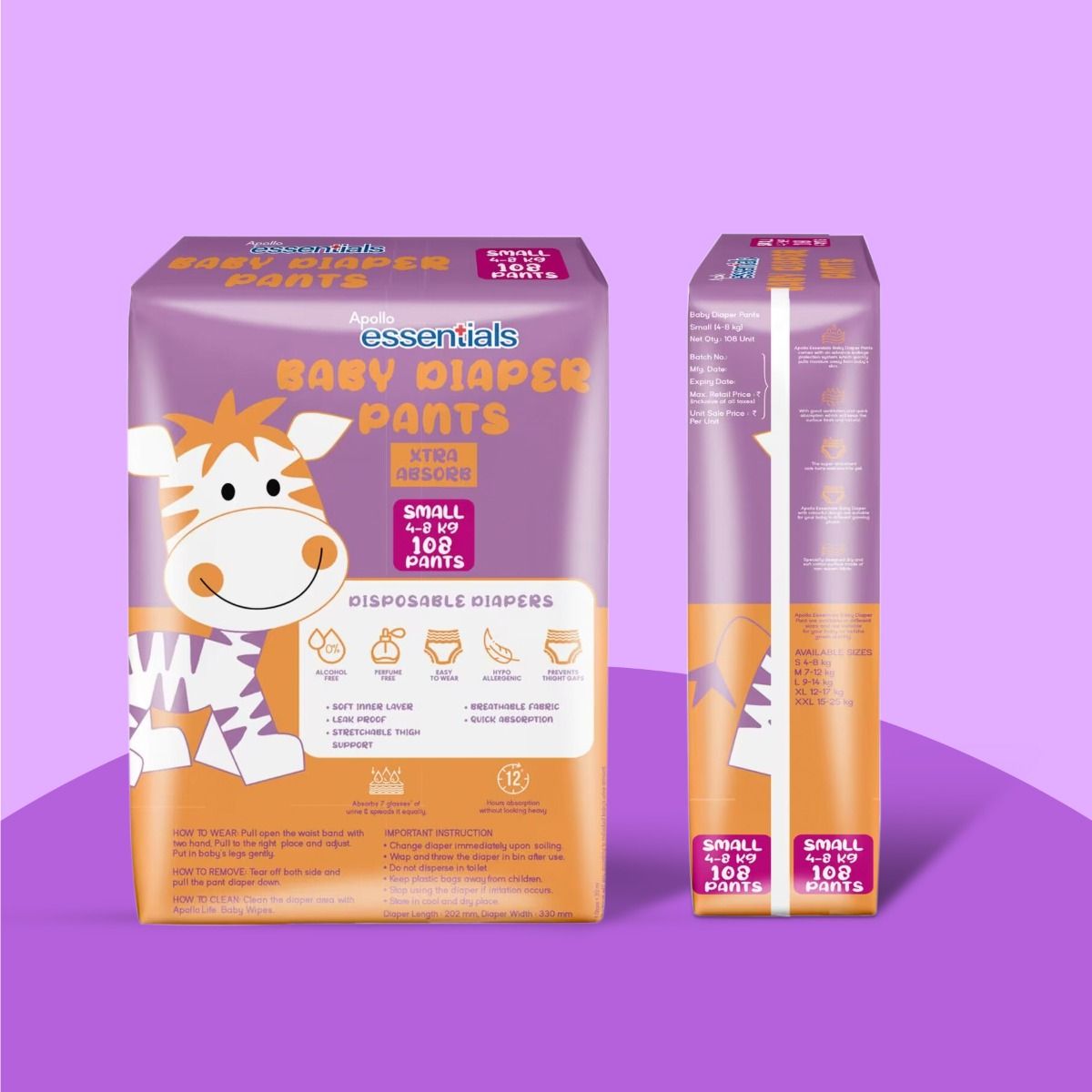 Apollo Essentials Extra Absorb Baby Diaper Pants Small, 108 Count Price ...