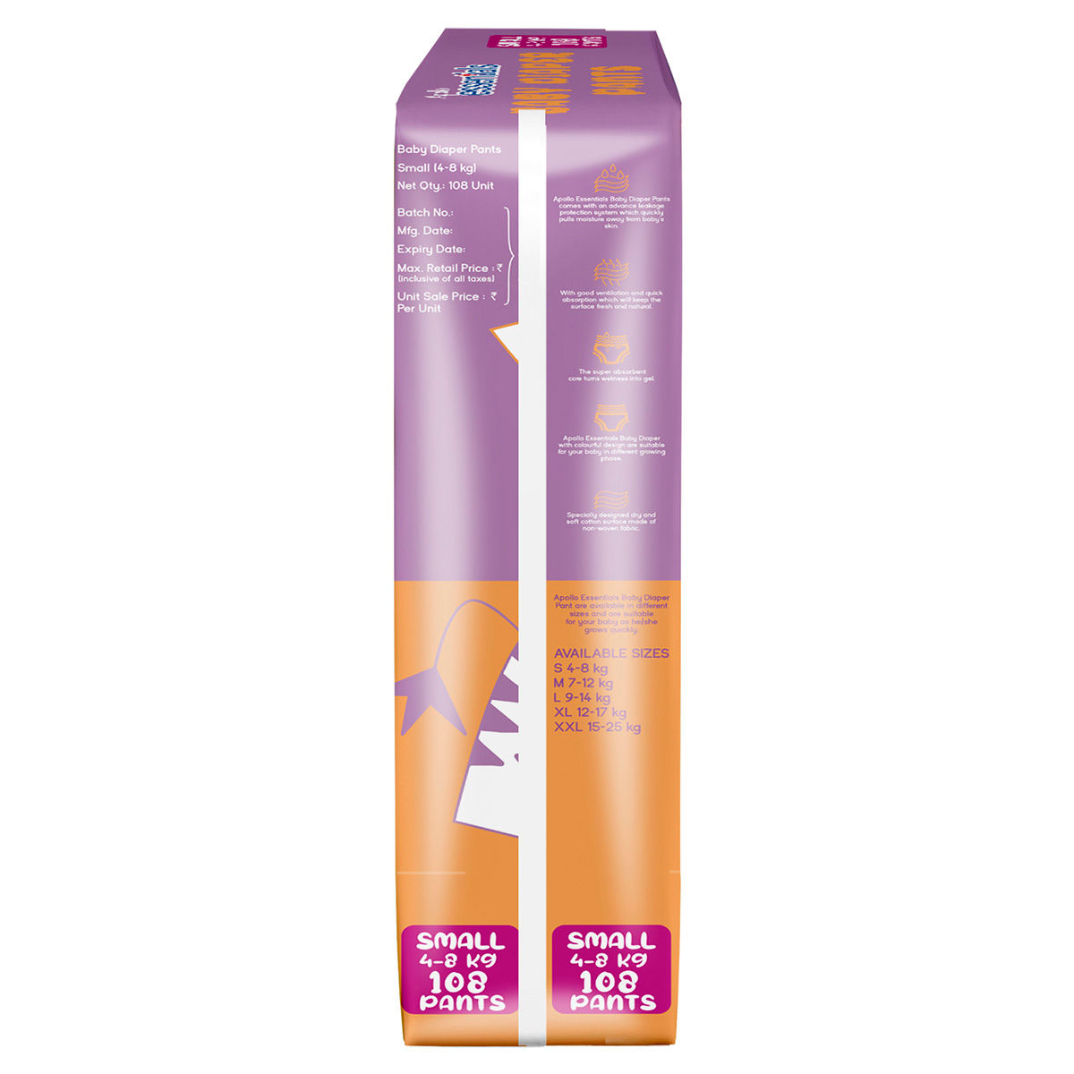 Buy Apollo Essentials Xtra Absorb Baby Diaper Pants Small, 108 Count ...