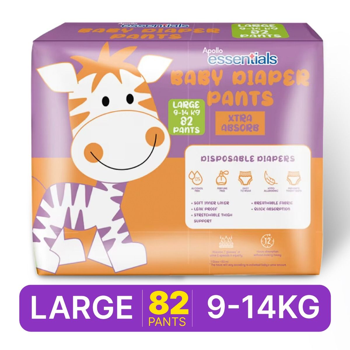 Apollo Essentials Extra Absorb Baby Diaper Pants Large, 82 Count Price ...