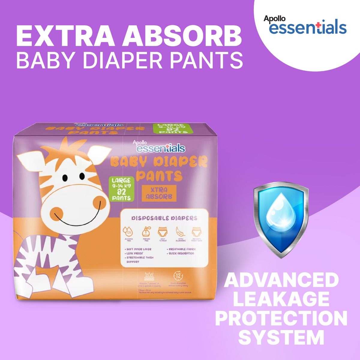 Apollo Essentials Extra Absorb Baby Diaper Pants Large, 82 Count Price ...