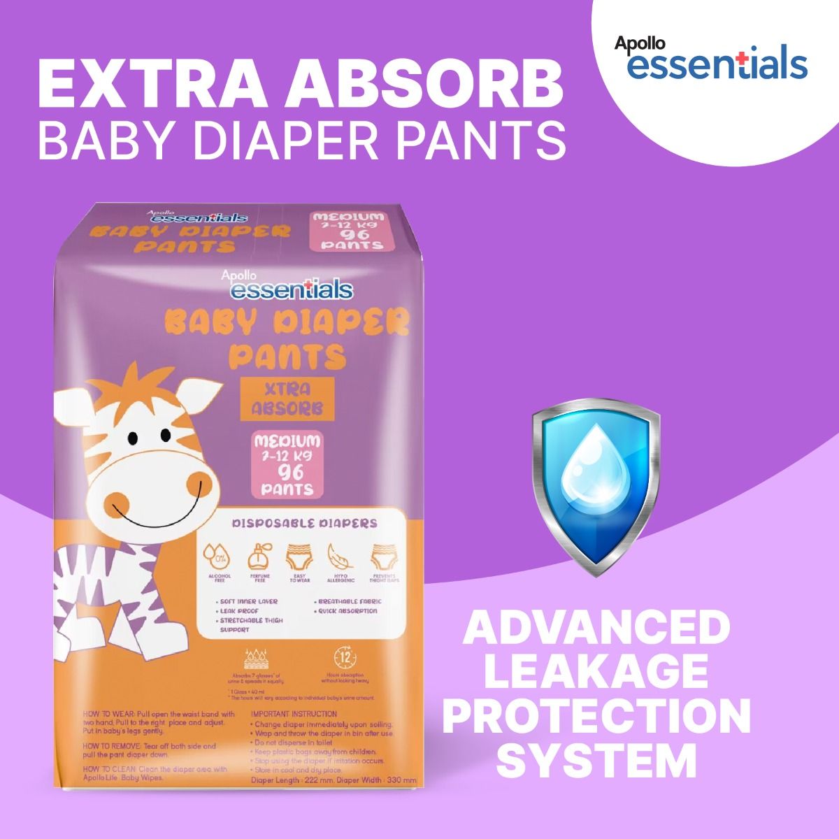 Apollo Essentials Extra Absorb Baby Diaper Pants Medium, 96 Count Price ...