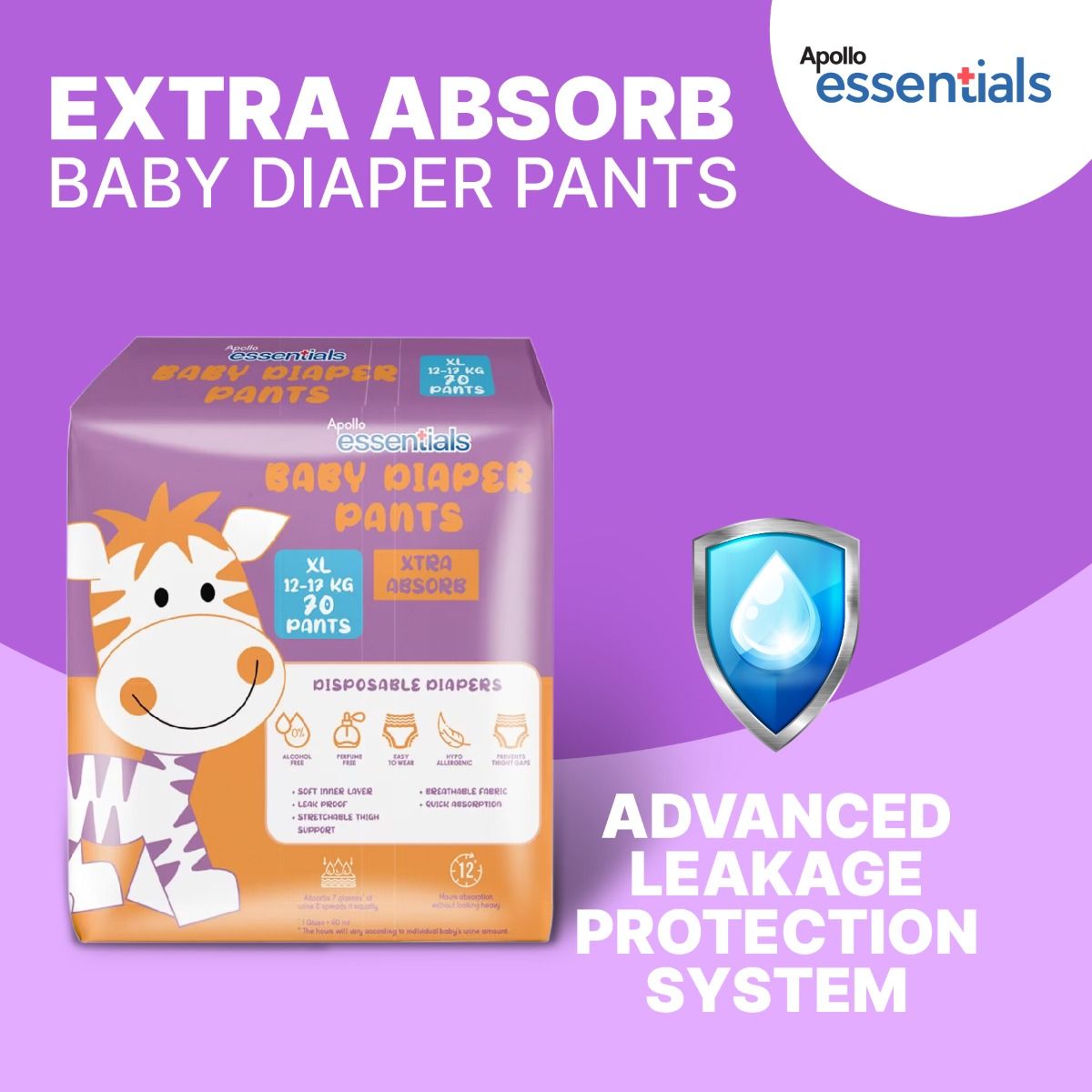 Apollo Essentials Extra Absorb Baby Diaper Pants XL, 70 Count Price ...