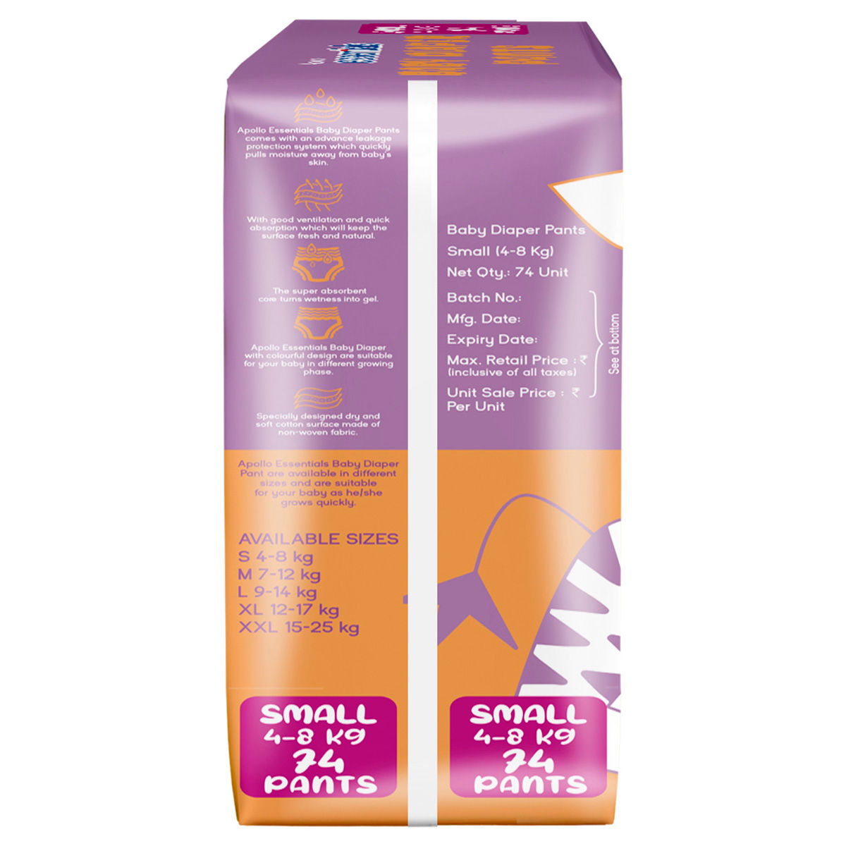 Buy Apollo Essentials Xtra Absorb Baby Diaper Pants Small, 74 Count ...