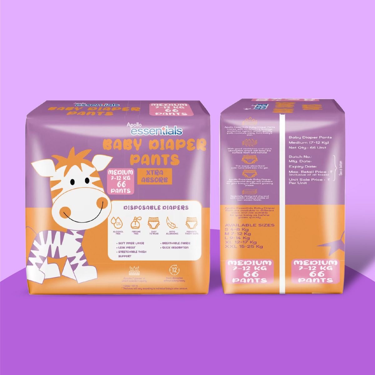 Apollo Essentials Extra Absorb Baby Diaper Pants Medium, 66 Count Price ...