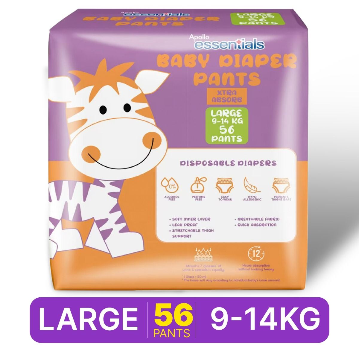 Apollo Essentials Extra Absorb Baby Diaper Pants Large, 56 Count Price ...