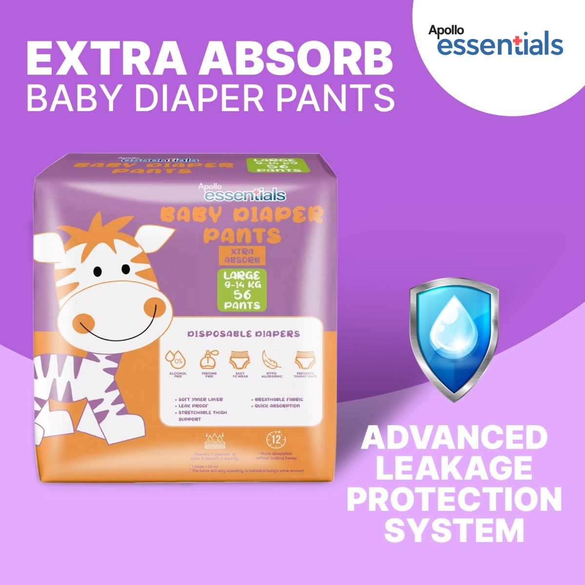 Apollo Essentials Extra Absorb Baby Diaper Pants Large, 56 Count Price ...