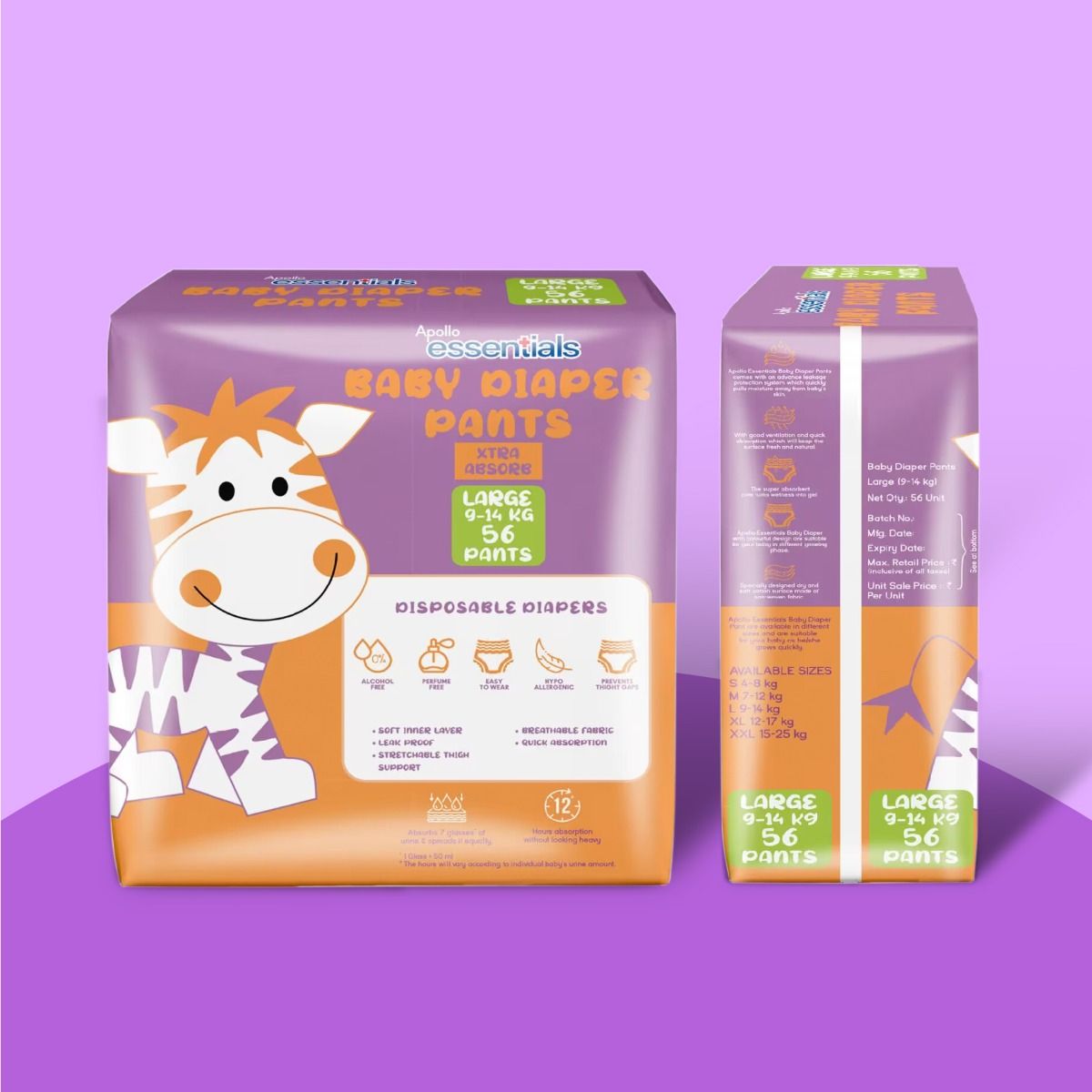 Apollo Essentials Extra Absorb Baby Diaper Pants Large, 56 Count Price ...