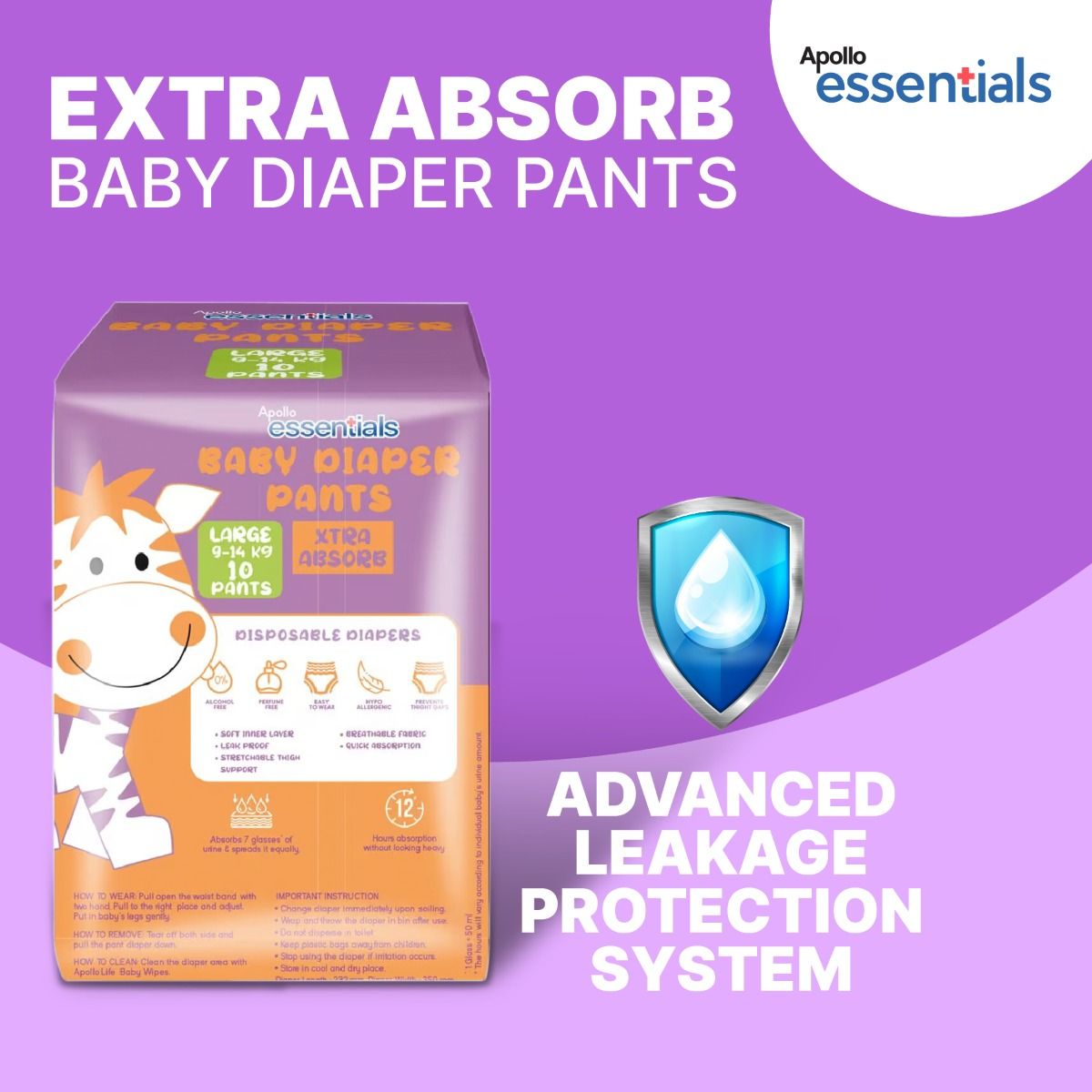 Apollo Essentials Extra Absorb Baby Diaper Pants Large, 10 Count Price ...