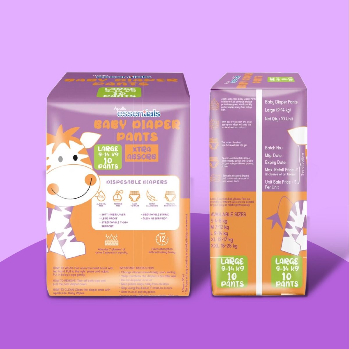 Apollo Essentials Extra Absorb Baby Diaper Pants Large, 10 Count Price ...