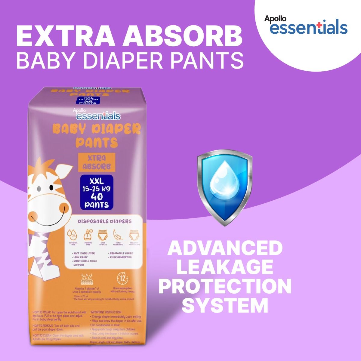 Apollo Essentials Extra Absorb Baby Diaper Pants XXL, 40 Count Price ...