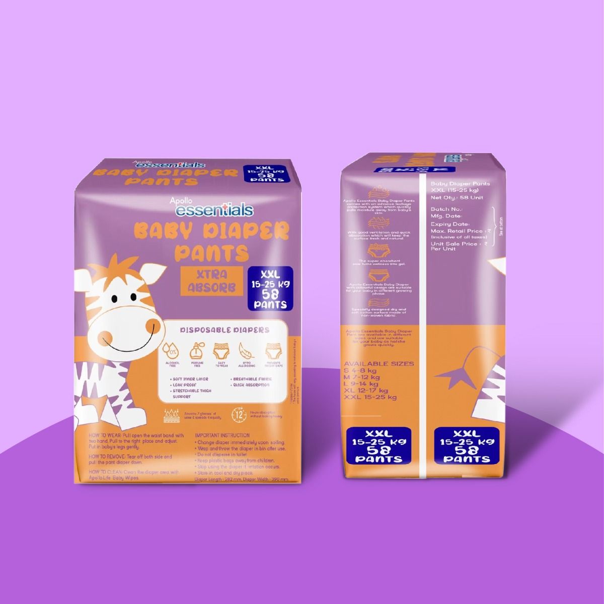 Apollo Essentials Extra Absorb Baby Diaper Pants XXL, 58 Count Price ...