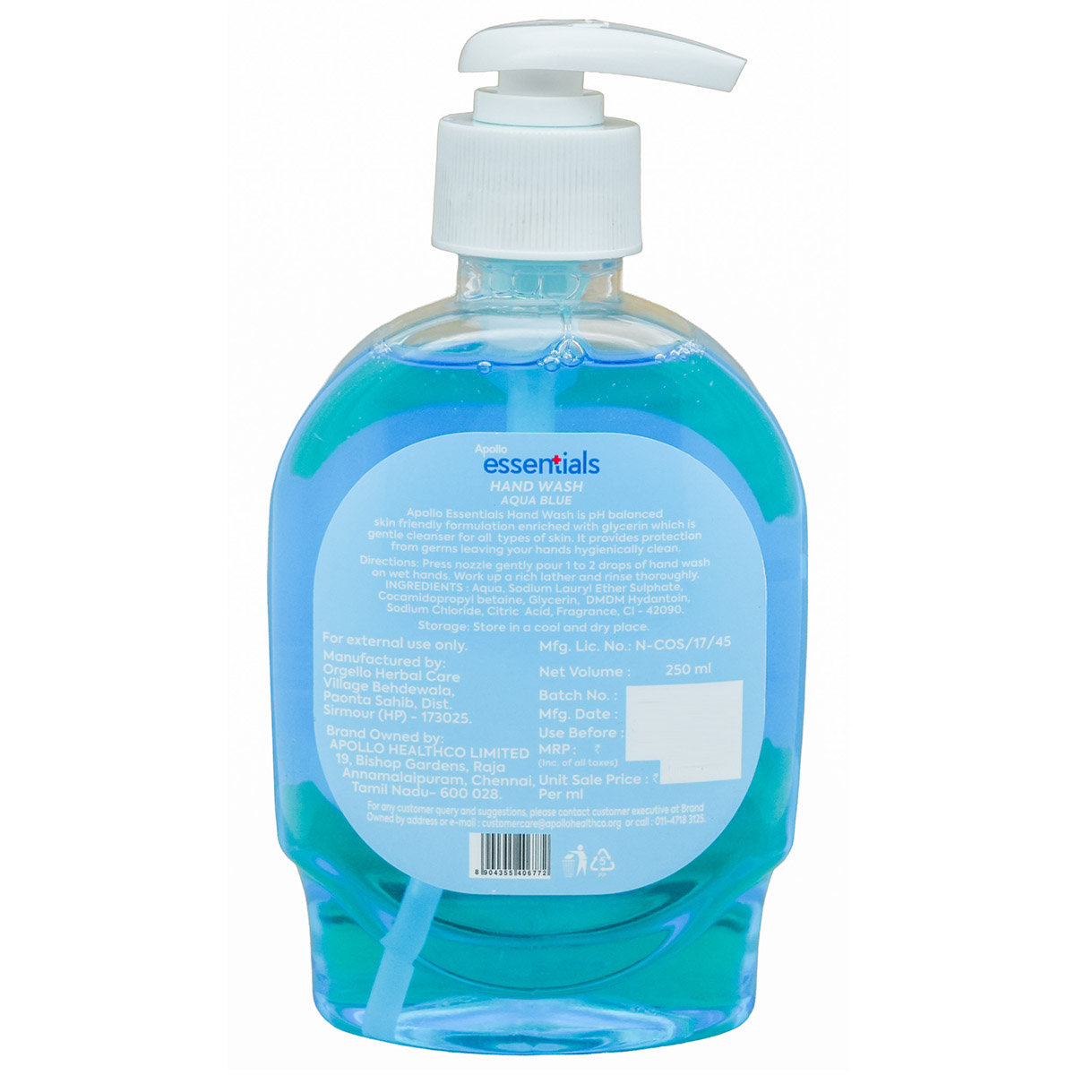 Buy Apollo Essentials Aqua Blue Hand Wash, 500 ml (2x250 ml) | 19 ...