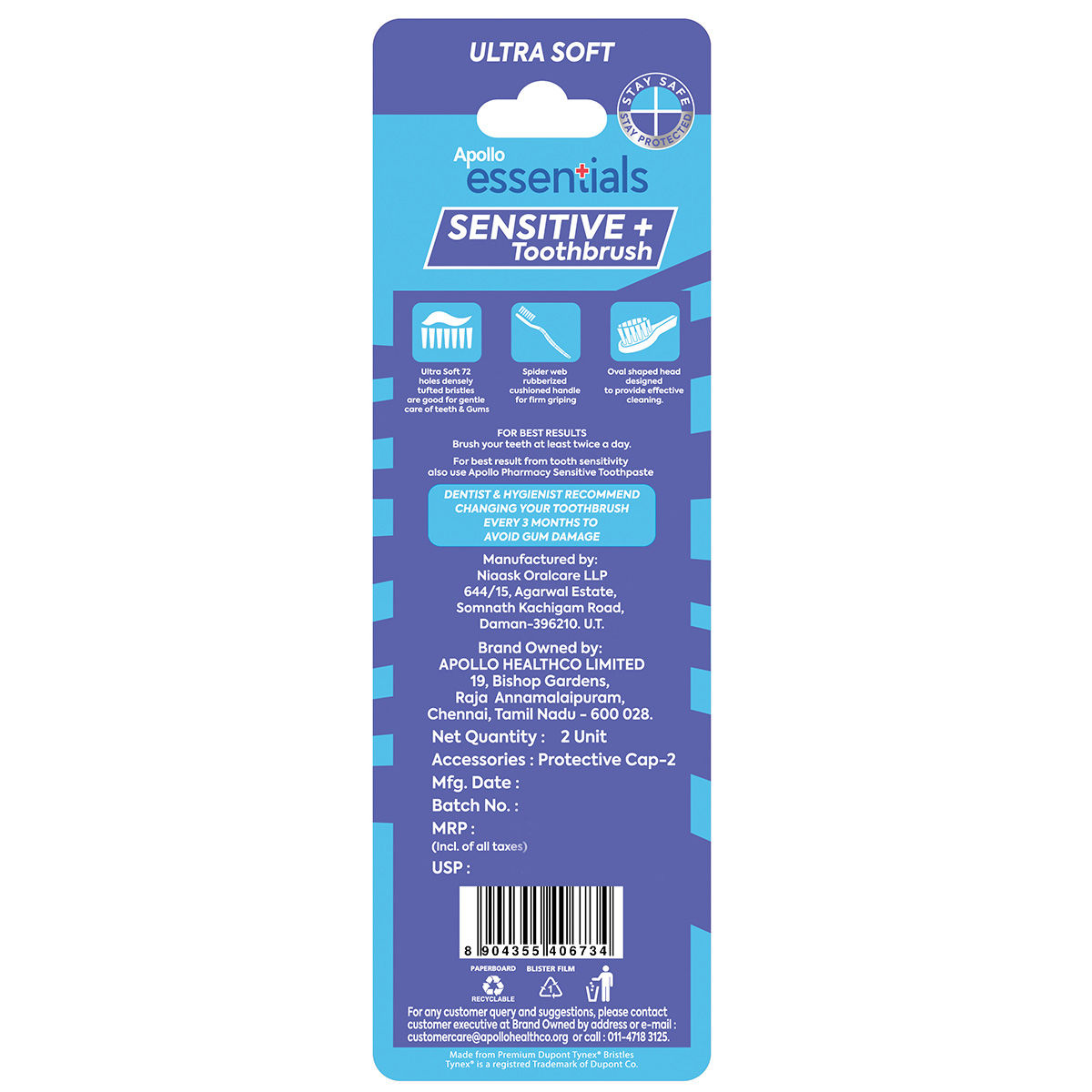 Buy Apollo Essential Sensitive+ Toothbrush with Hygiene Caps, 2 Count ...