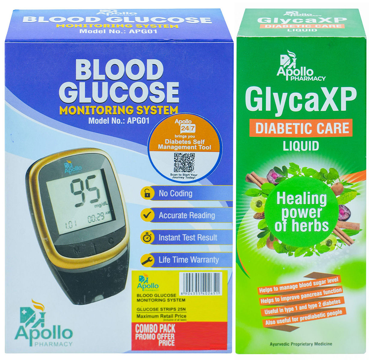 Buy Apollo Pharmacy GlycaXP + Apollo Pharmacy Glucometer Combo Pack, 1 ...