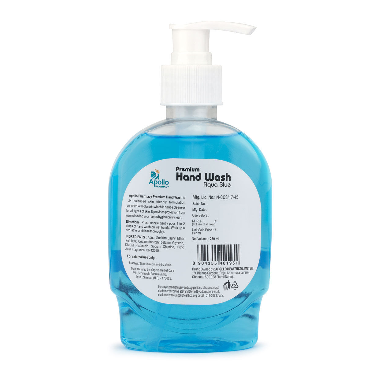 Buy Apollo Pharmacy Premium Aqua Blue Handwash, 500 ml (2x250 ml) | 19 ...