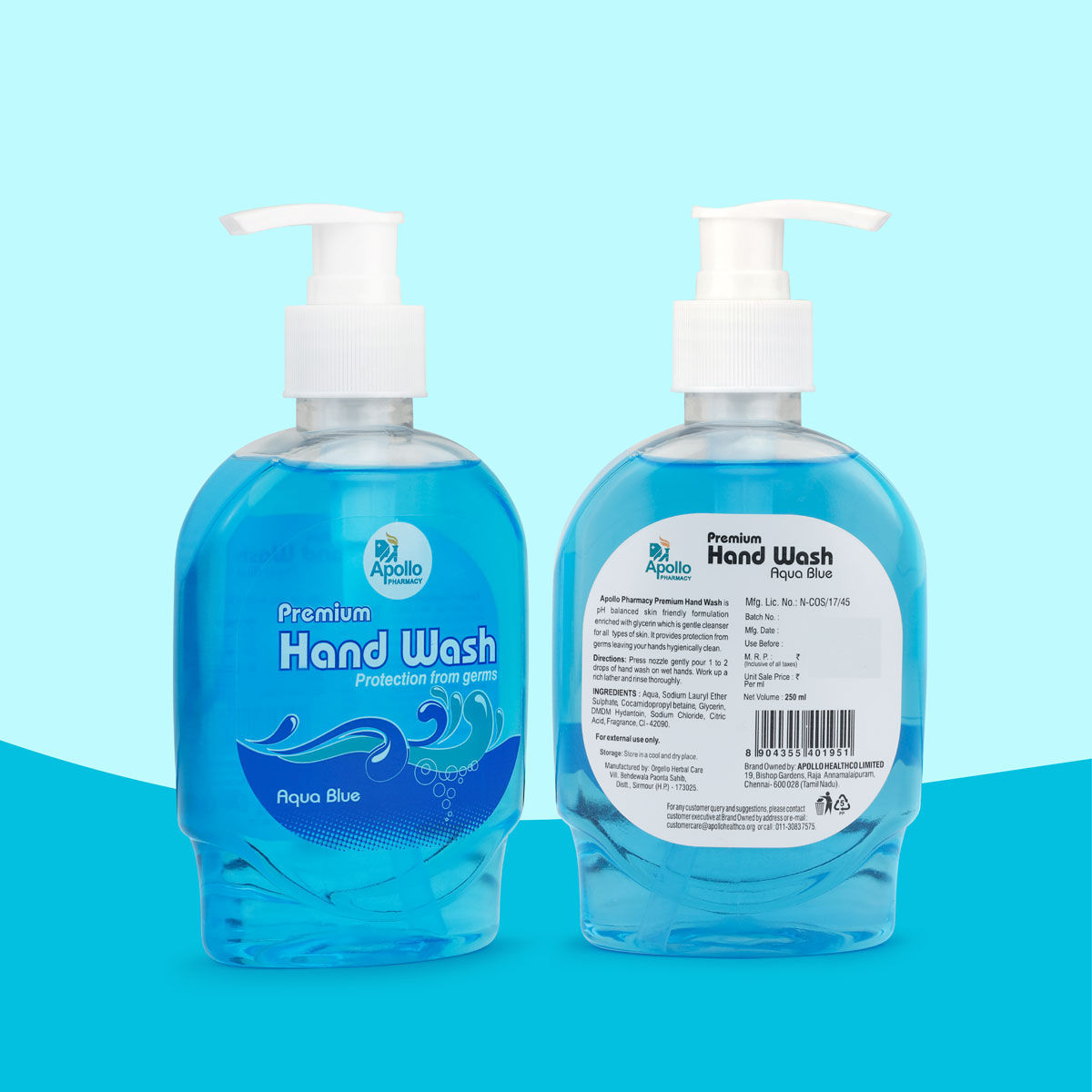 Buy Apollo Pharmacy Premium Aqua Blue Handwash, 500 ml (2x250 ml) | 19 ...