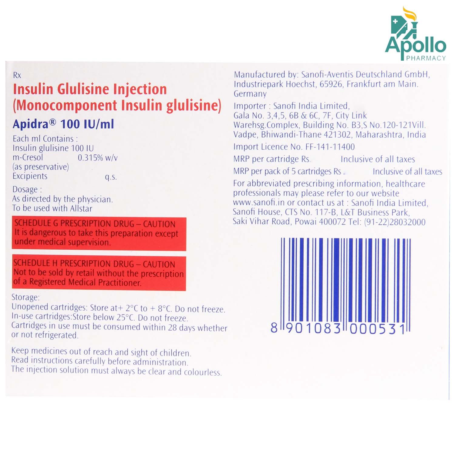 Apidra 100IU Cartridge 3 ml | Uses, Side Effects, Price | Apollo Pharmacy