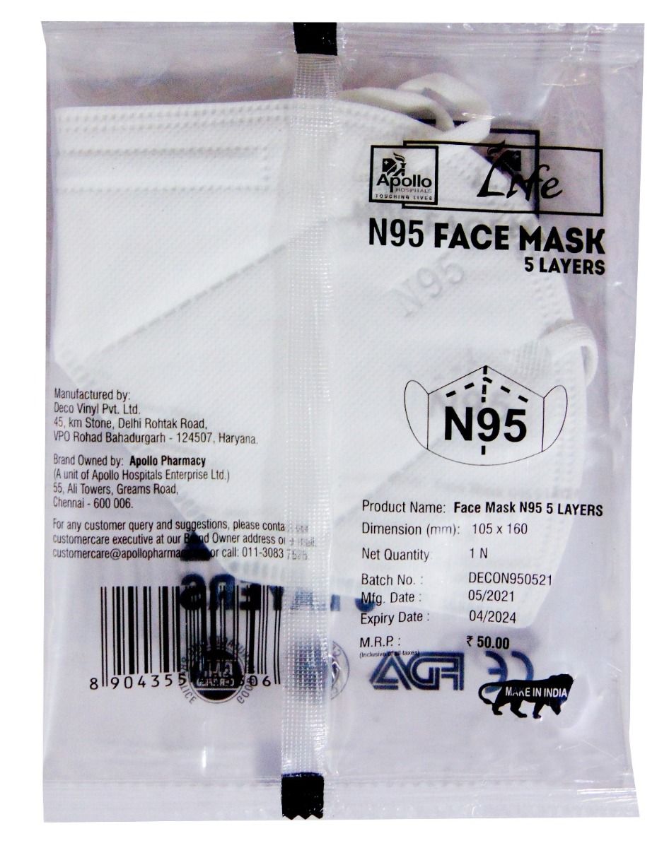 Apollo Life N95 5 Layers Face Mask, 3 Count Price, Uses, Side Effects ...