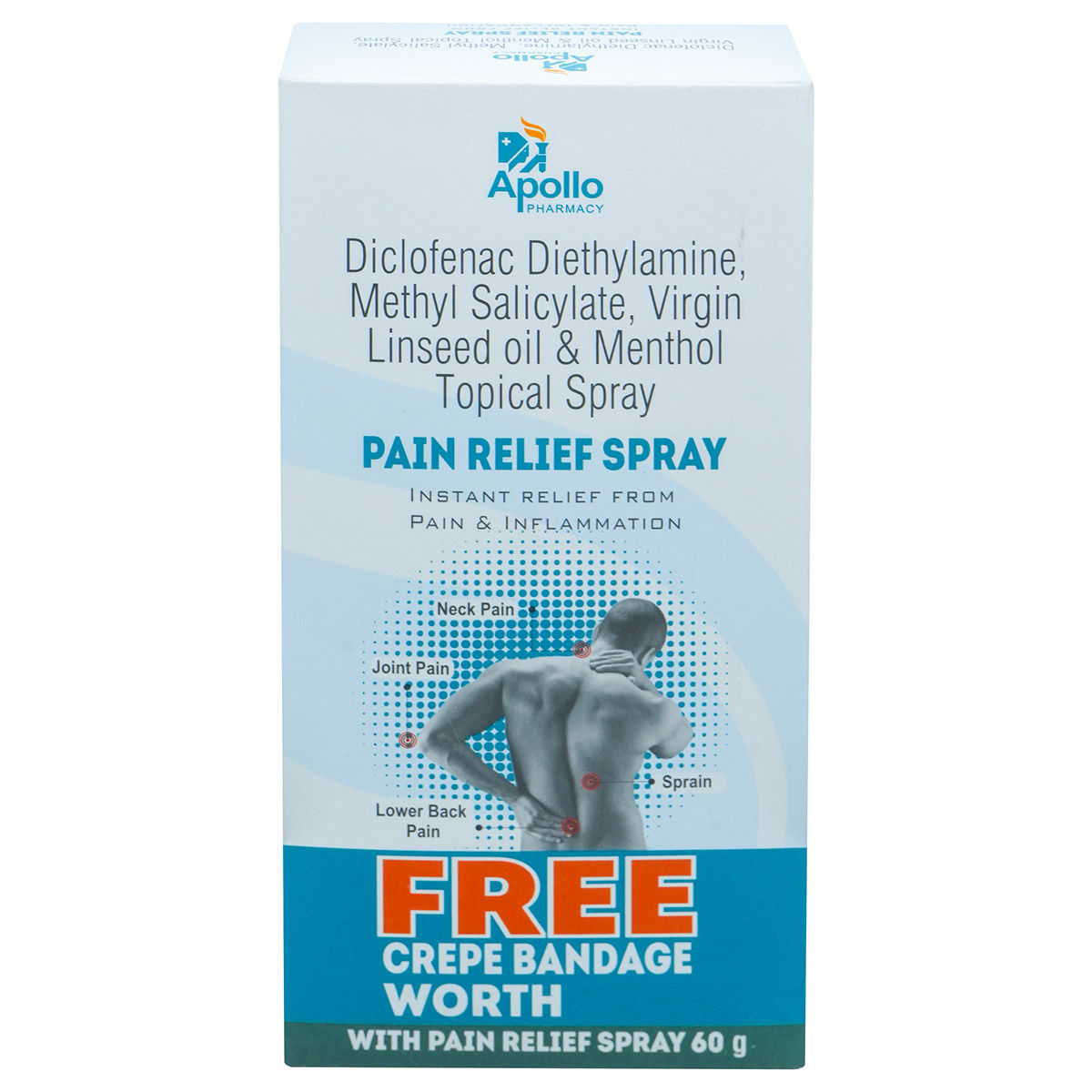 Buy Apollo Pharmacy Pain Relief Spray with Free Crepe Bandage, 60 gm ...