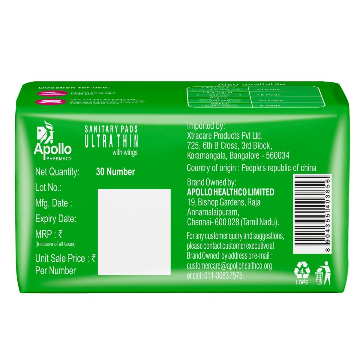 Apollo Pharmacy Ultrathin Sanitary Pads XL with Wings, 30 Count Price ...