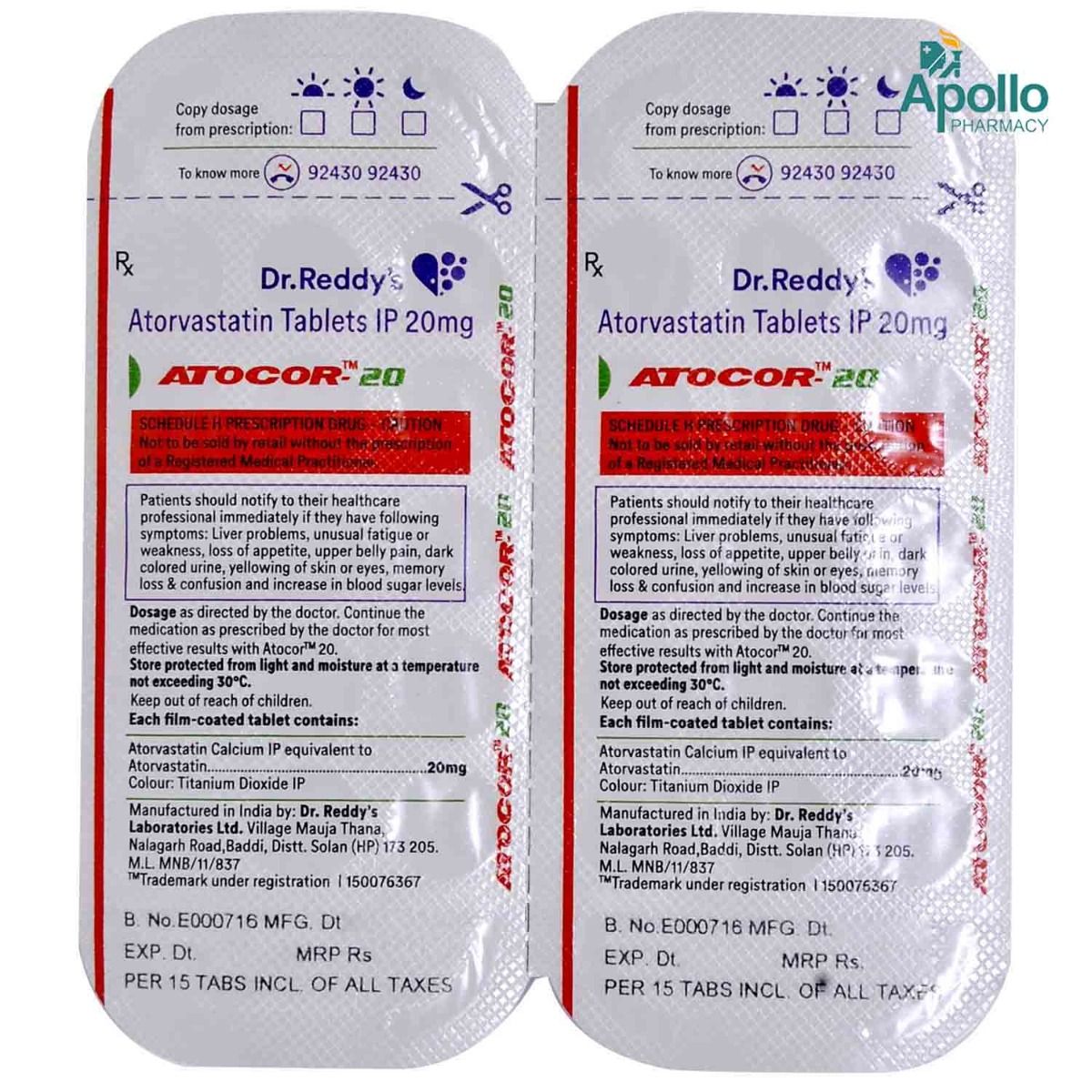 Atocor-20 Tablet 15's Price, Uses, Side Effects, Composition - Apollo ...