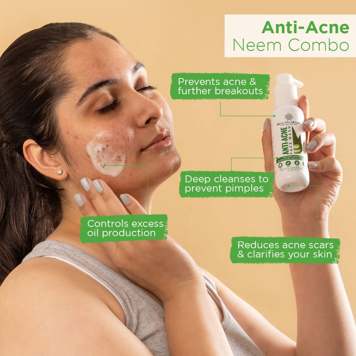 Bella Vita Organic Anti-Acne (Neem Face Wash 100 ml + Face Gel 50 gm ...