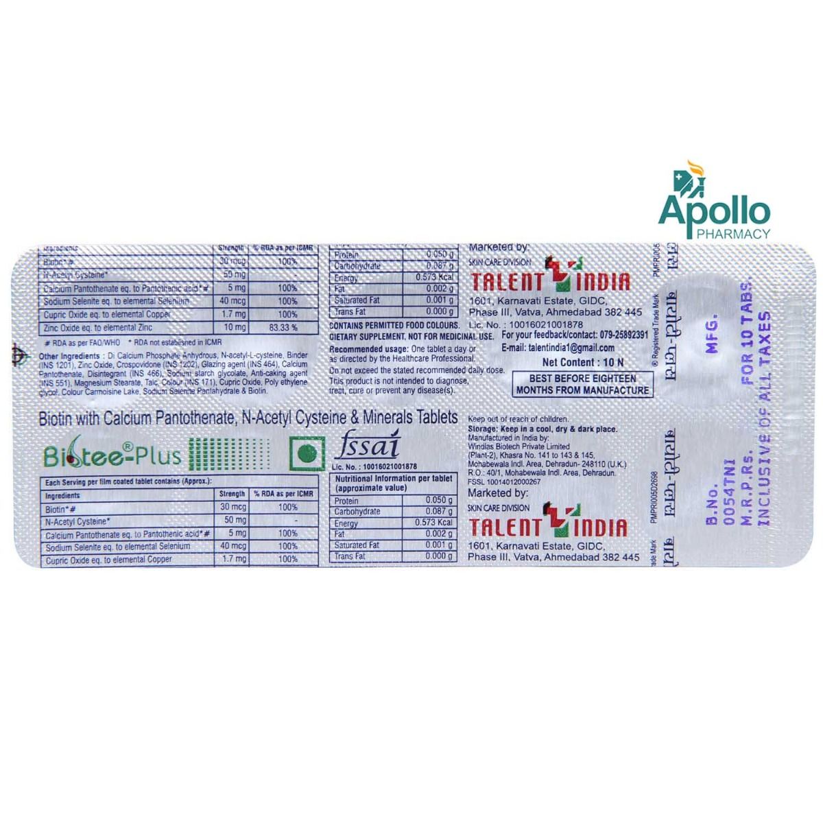 Biotee-Plus Tablet 10's Price, Uses, Side Effects, Composition - Apollo ...