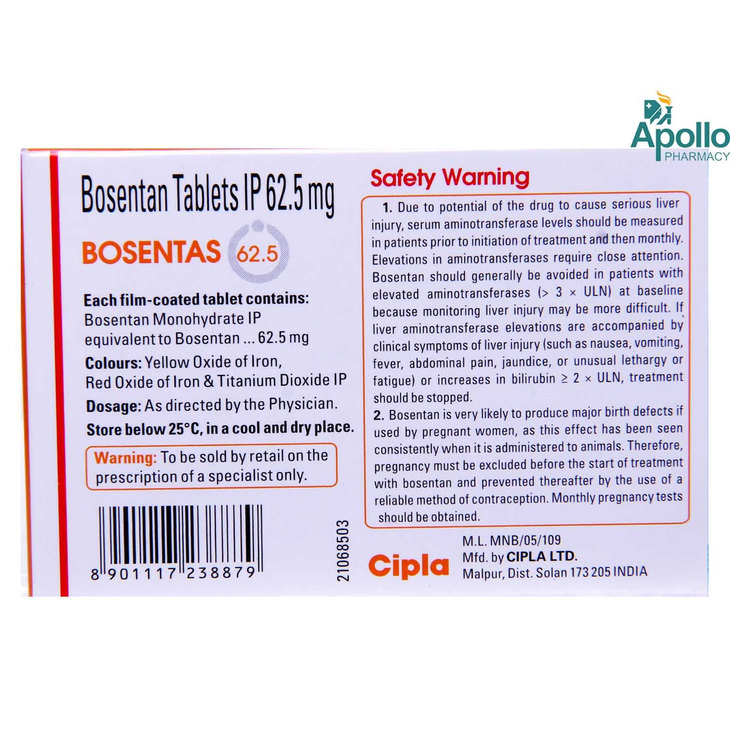 Bosentas 62.5 Tablet | Uses, Side Effects, Price | Apollo Pharmacy