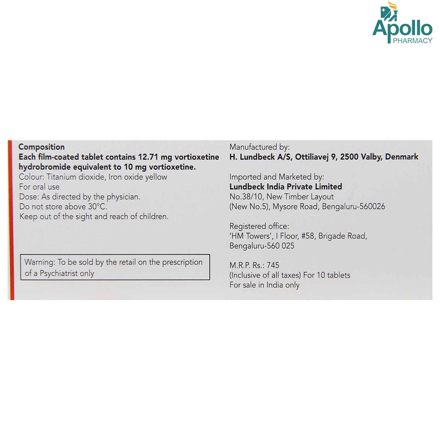 Brintellix 10 mg Tablet 10's Price, Uses, Side Effects, Composition ...