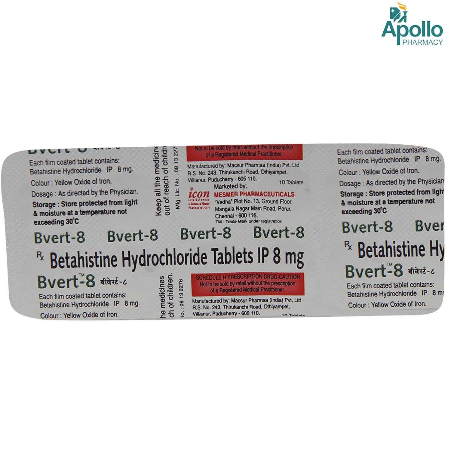 Bvert 8 mg Tablet 10's Price, Uses, Side Effects, Composition - Apollo ...