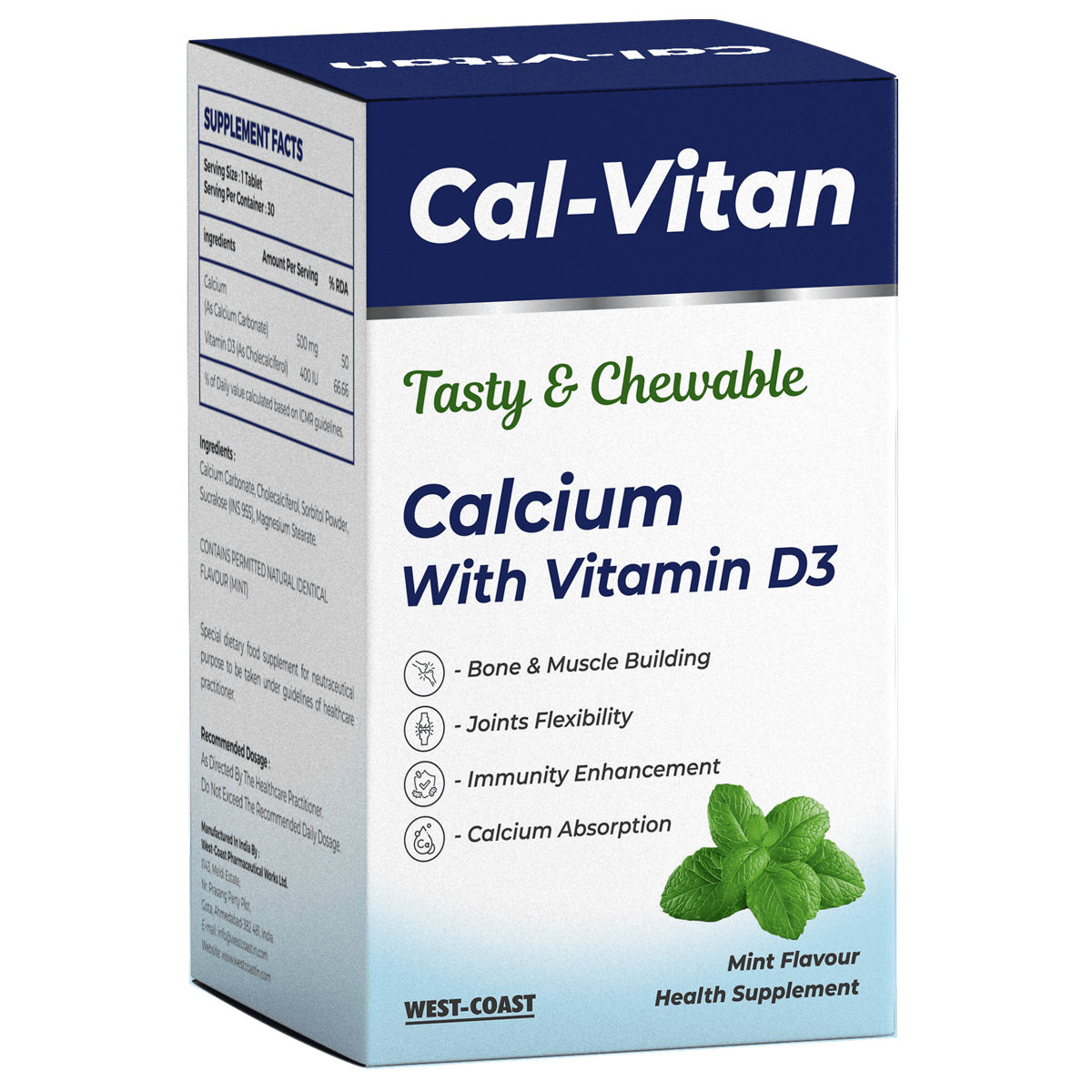 West-Coast Cal-Vitan Pharma DMF Grade Calcium 500mg+VitaminD3 Mint ...