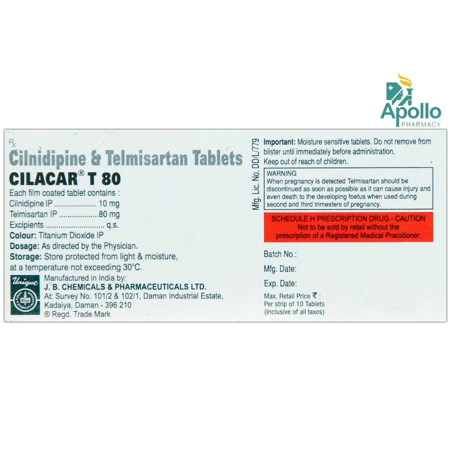 Cilacar T 80 Tablet 10's Price, Uses, Side Effects, Composition - Apollo Pharmacy