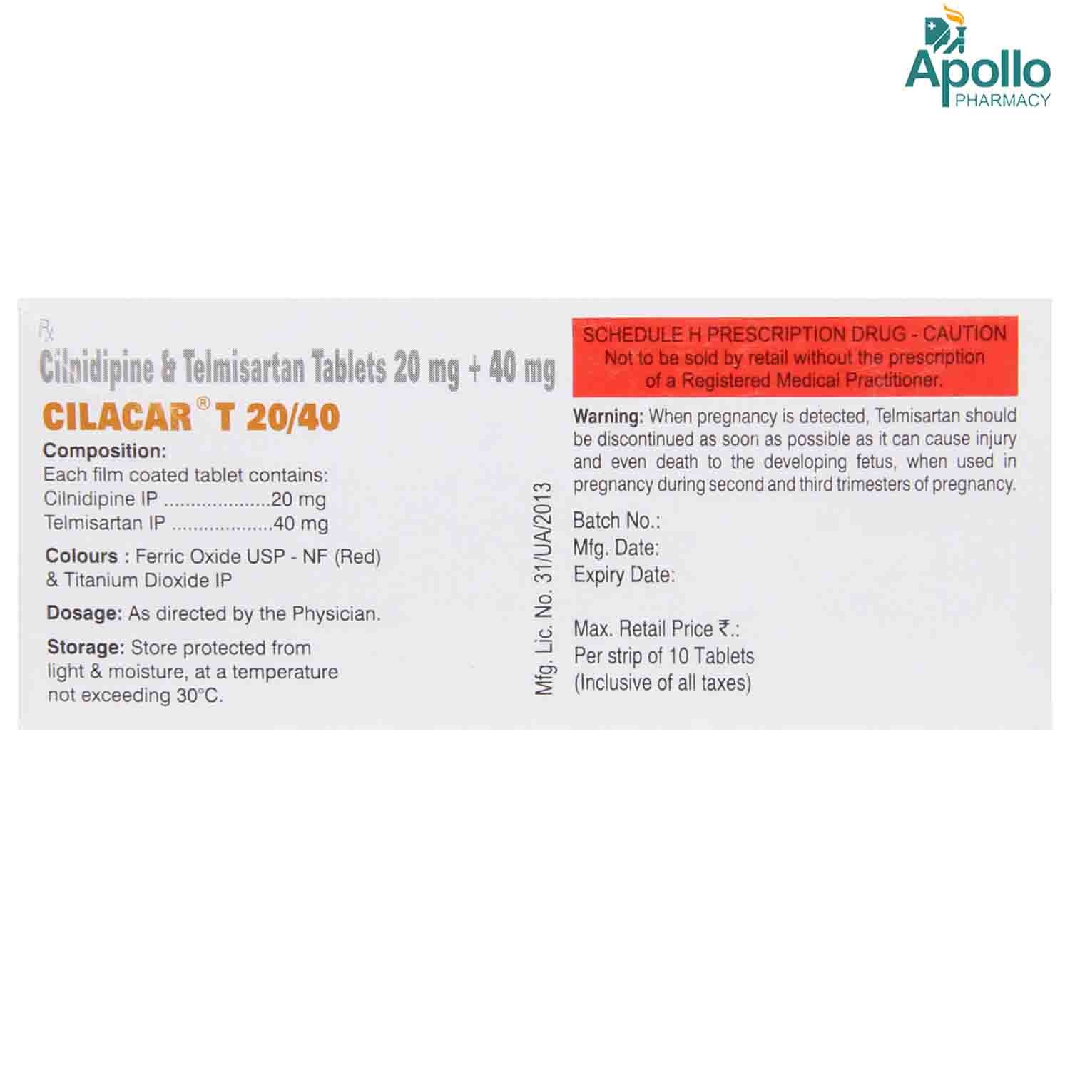 Cilacar T 20/40 Tablet 10's Price, Uses, Side Effects, Composition ...