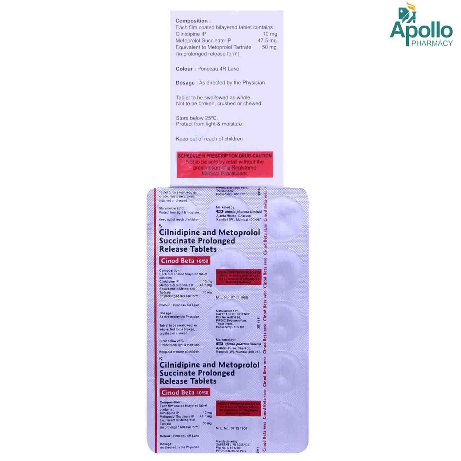 Cinod Beta 10/50mg Tablet 15s Price, Uses, Side Effects, Composition ...