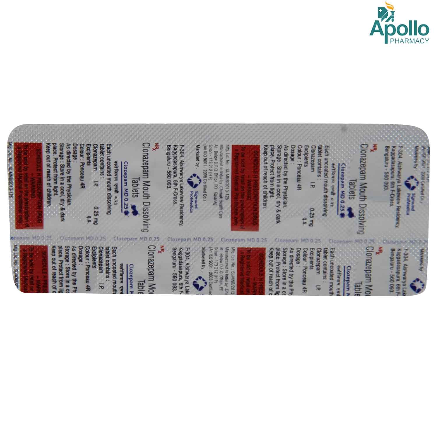 Clozepam MD 0.25 mg Tablet | Uses, Side Effects, Price | Apollo Pharmacy