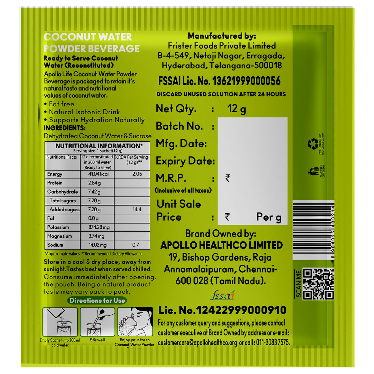 Buy Apollo Life Coconut Water Powder, 36 gm (3x12 gm) | 19 Minutes ...