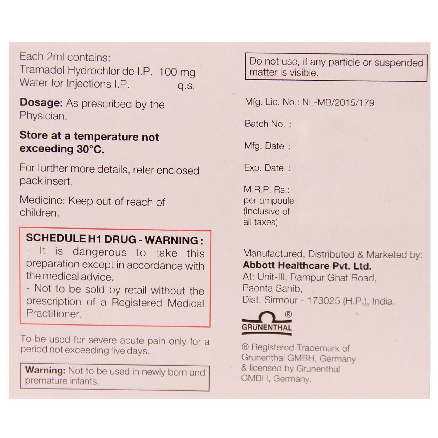Contramal 100 mg Injection 5 X 2 ml | Uses, Side Effects, Price ...