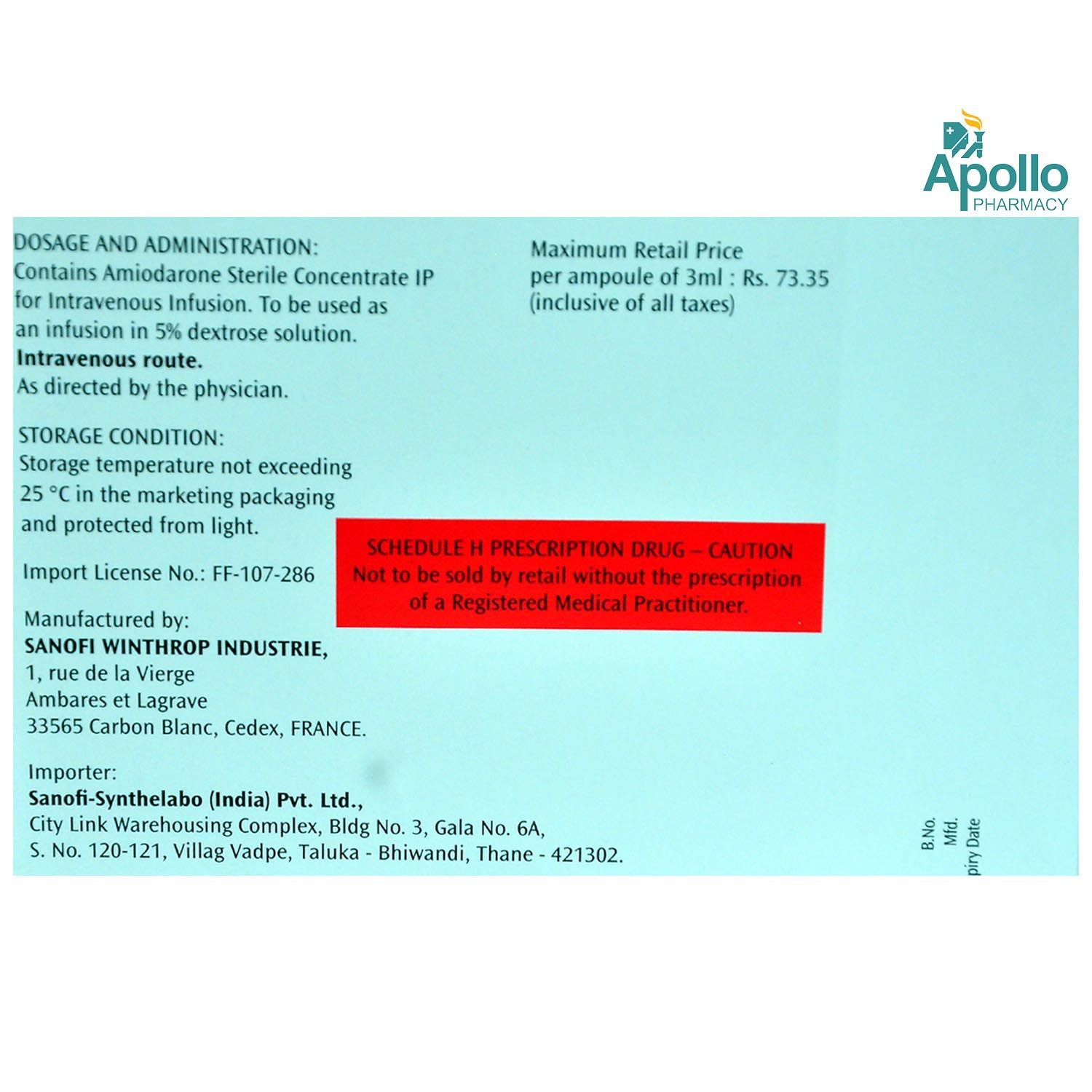 Cordarone Injection 6 x 3 ml | Uses, Side Effects, Price | Apollo Pharmacy