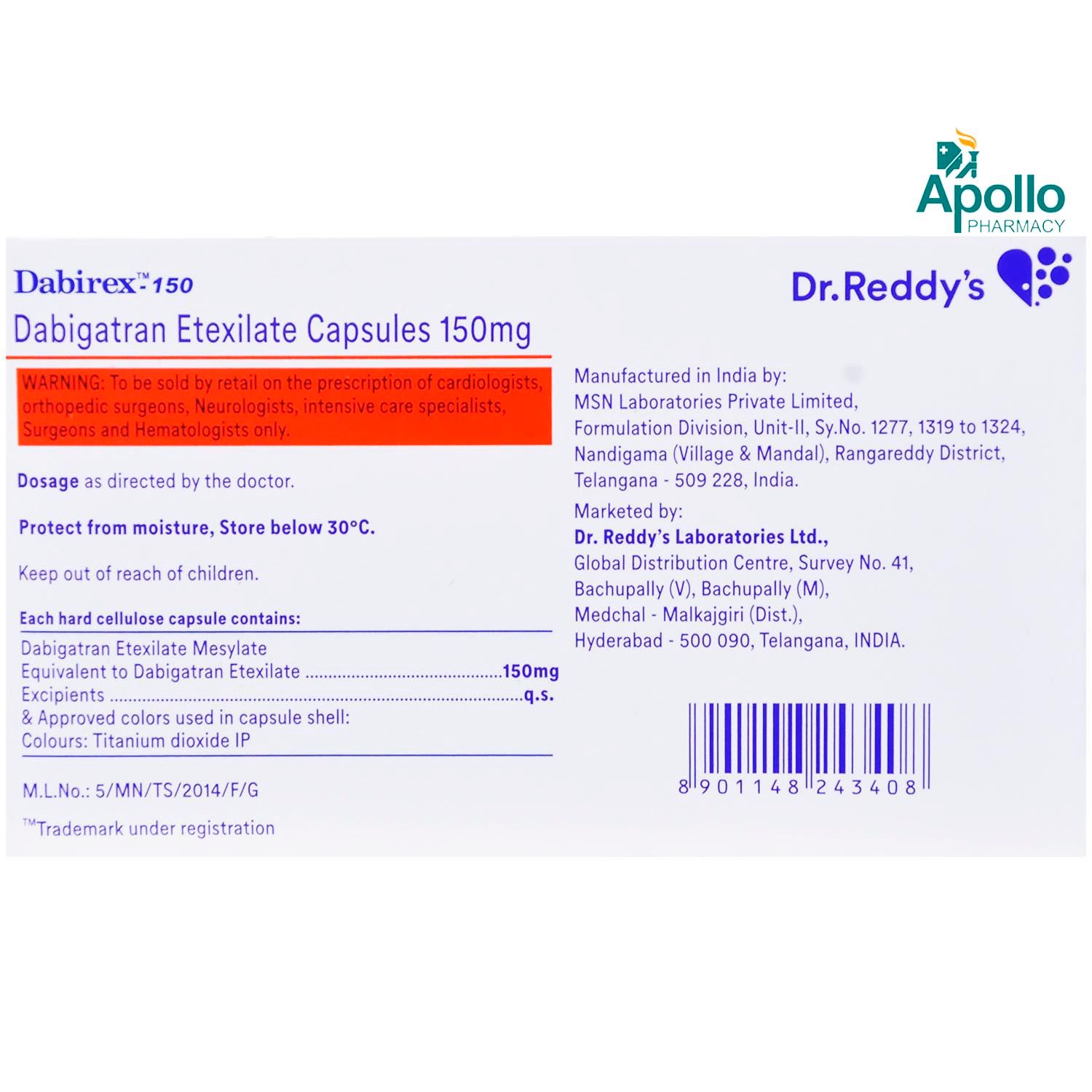 Dabirex 150 Capsule 10's Price, Uses, Side Effects, Composition ...