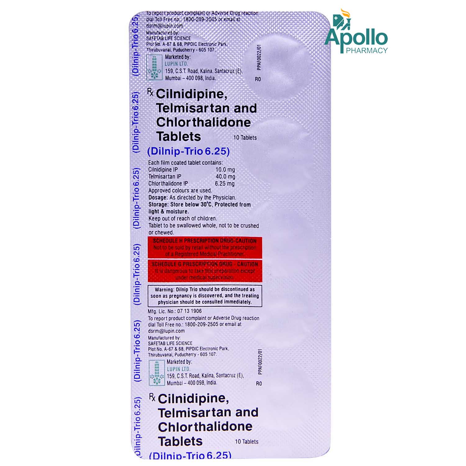 Dilnip Trio 6.25mg Tablet | Uses, Side Effects, Price | Apollo Pharmacy