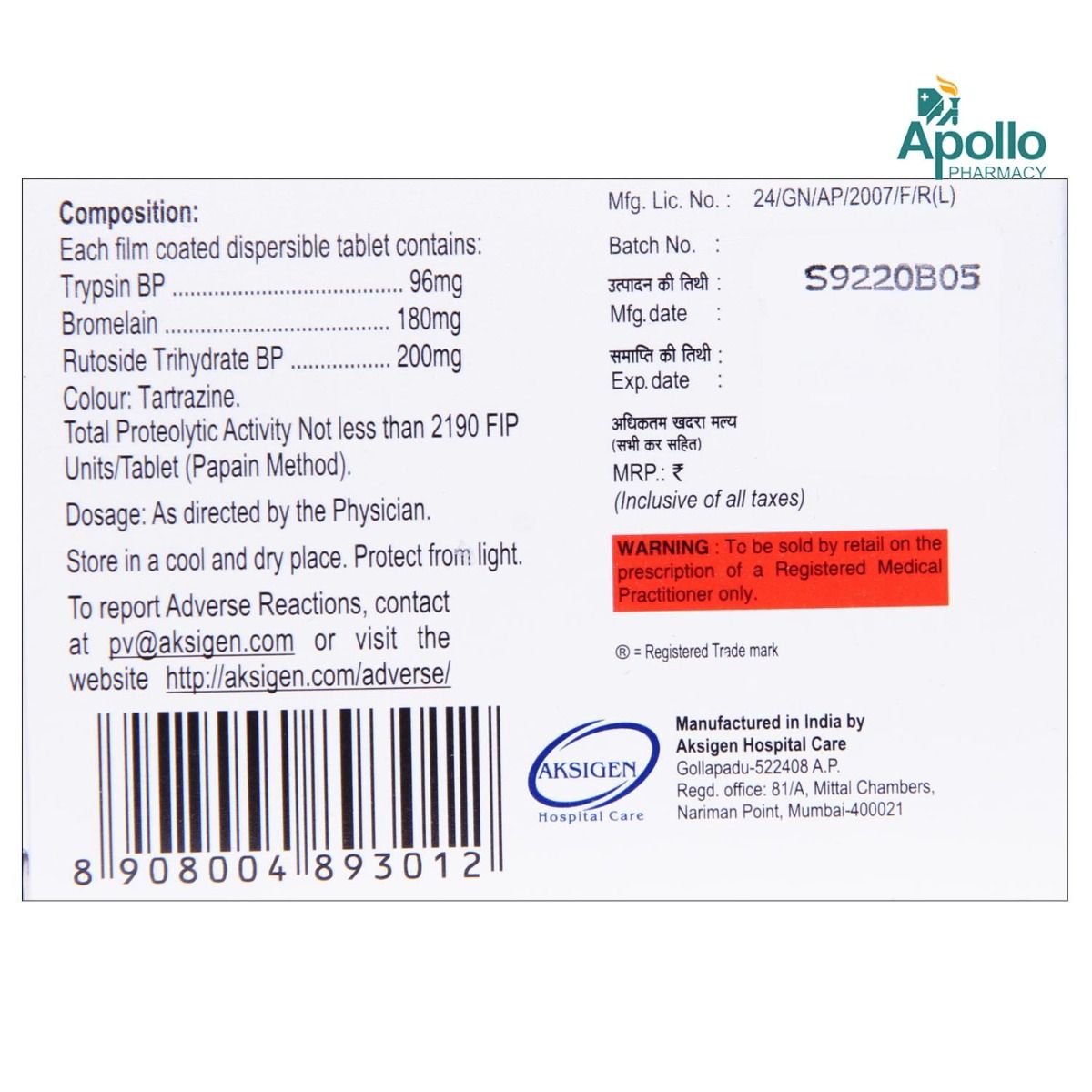 Disperzyme Tablet 10's Price, Uses, Side Effects, Composition - Apollo ...