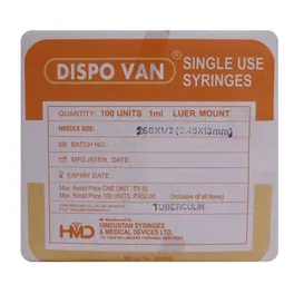 Buy Dispovan Syringe 1Ml 26G X 1/2" | 19 Minutes Delivery | Apollo Pharmacy