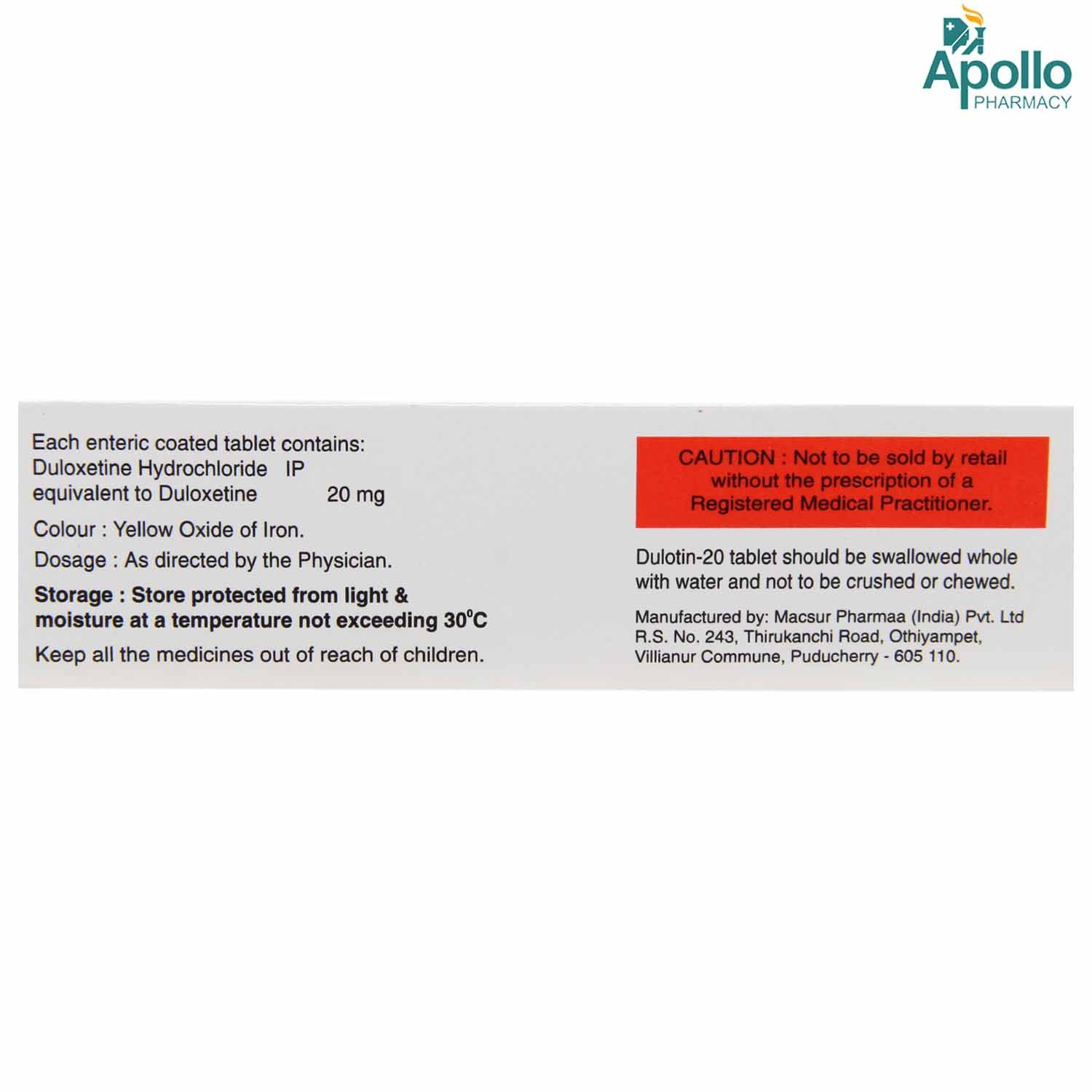 Dulotin 20 Tablet | Uses, Side Effects, Price | Apollo Pharmacy