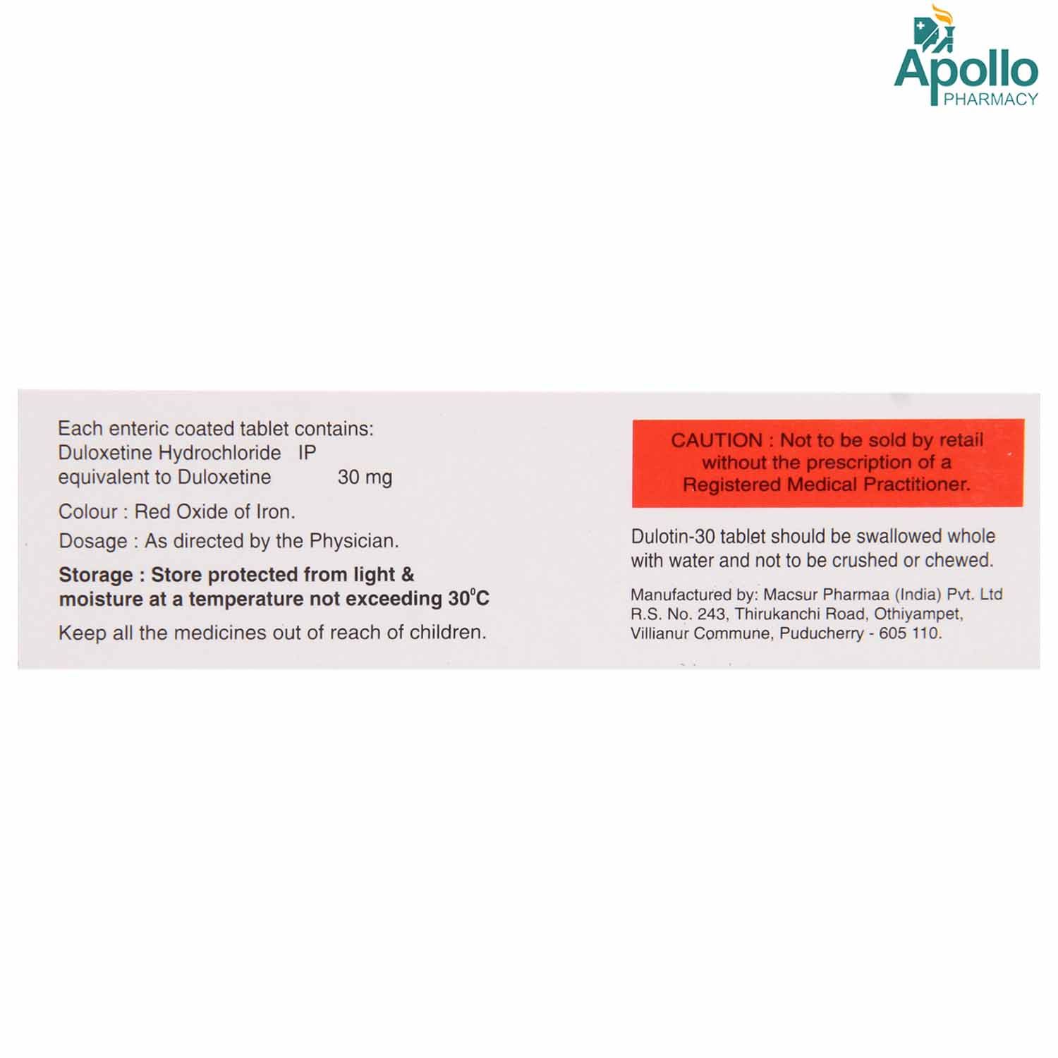 Dulotin 30 Tablet | Uses, Side Effects, Price | Apollo Pharmacy