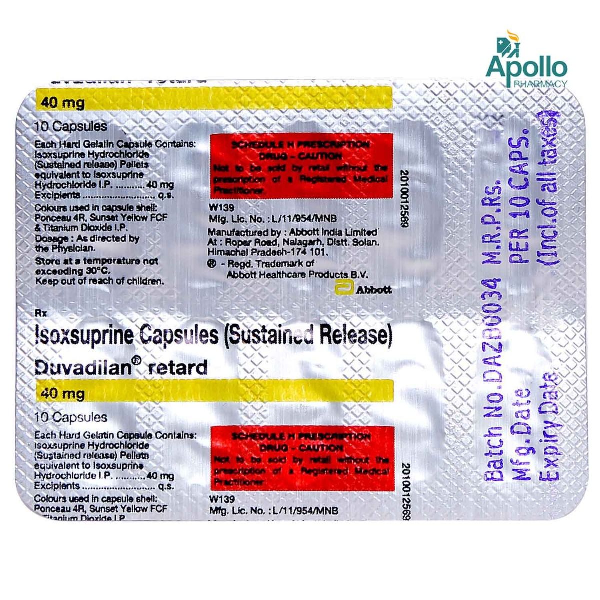 Duvadilan Retard 40 mg Capsule 10's Price, Uses, Side Effects ...