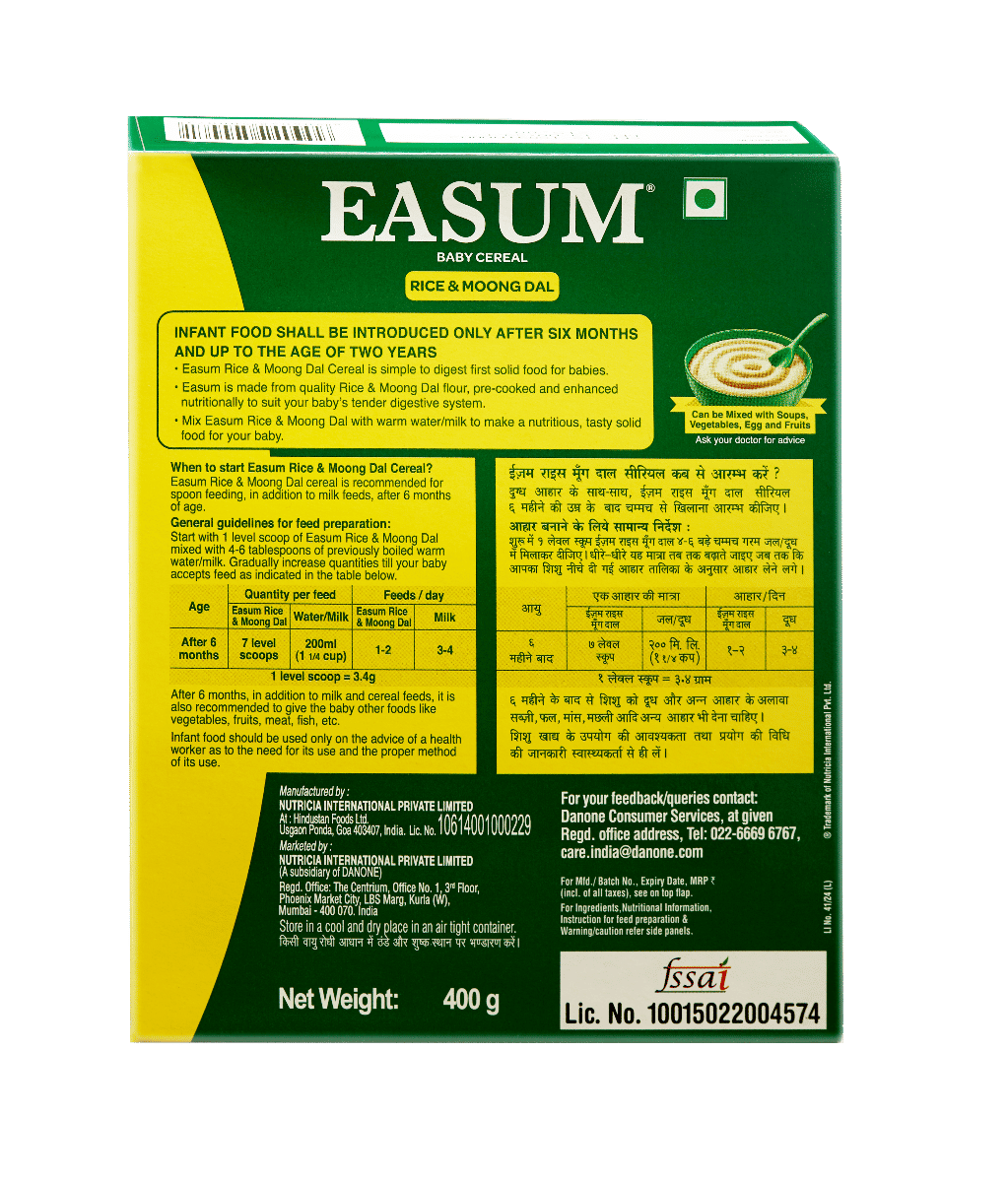 Easum Rice & Moong Dal Baby Cereal, 6 to 24 Months, 400 gm Refill Pack ...
