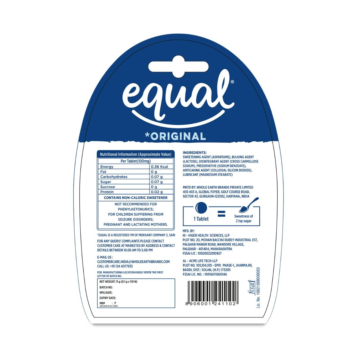 Equal Original Low Calorie Sweetener, 100 Tablets (Free 10 Tablets ...